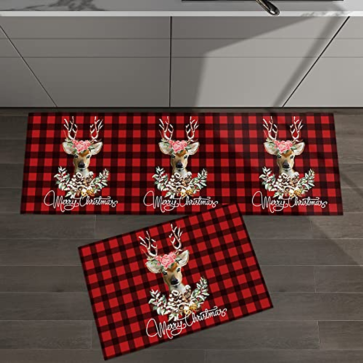 Miaklek Merry Christmas Kitchen Mats for Floor Anti Fatigue Mats for Kitchen Floor Kitchen Rugs Cushioned Mats Non Slip Comfort Standing Kitchen Rugs Set of 2, Xmas Elk Holiday Red Black Check