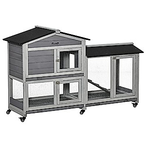 PawHut 62" Wooden Rabbit Hutch, Bunny Cage, Pet Playpen House with Wheels, Run Box, No Leak Tray, and Ramp for Small Animals, Indoor/Outdoor Use, Light Grey