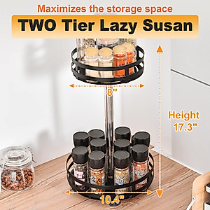 2 Tier Lazy Susan Organizer Metal Steel, Turntable Organizer for Table, Rotating Spice Rack Organizer for Cabinet Pantry Kitchen Countertop, Non Skid Suction Base, 10 inch, Black