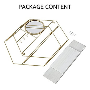 TFER Floating Shelves Wall Mounted Hexagon Wall Shelf Hanging Shelves for Wall Storage Rustic Wood Wall Shelves for Bedroom, Living Room, Bathroom, Kitchen, Office, with Mirror and Hooks (Gold)