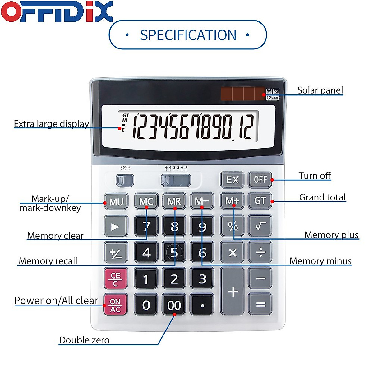 OFFIDIX Large Key Calculators Office Desktop Calculator, Dual Power Electronic Calculator Portable 12 Digit Large LCD Display Calculator Desk Calculator for Handheld for Daily and Basic Office