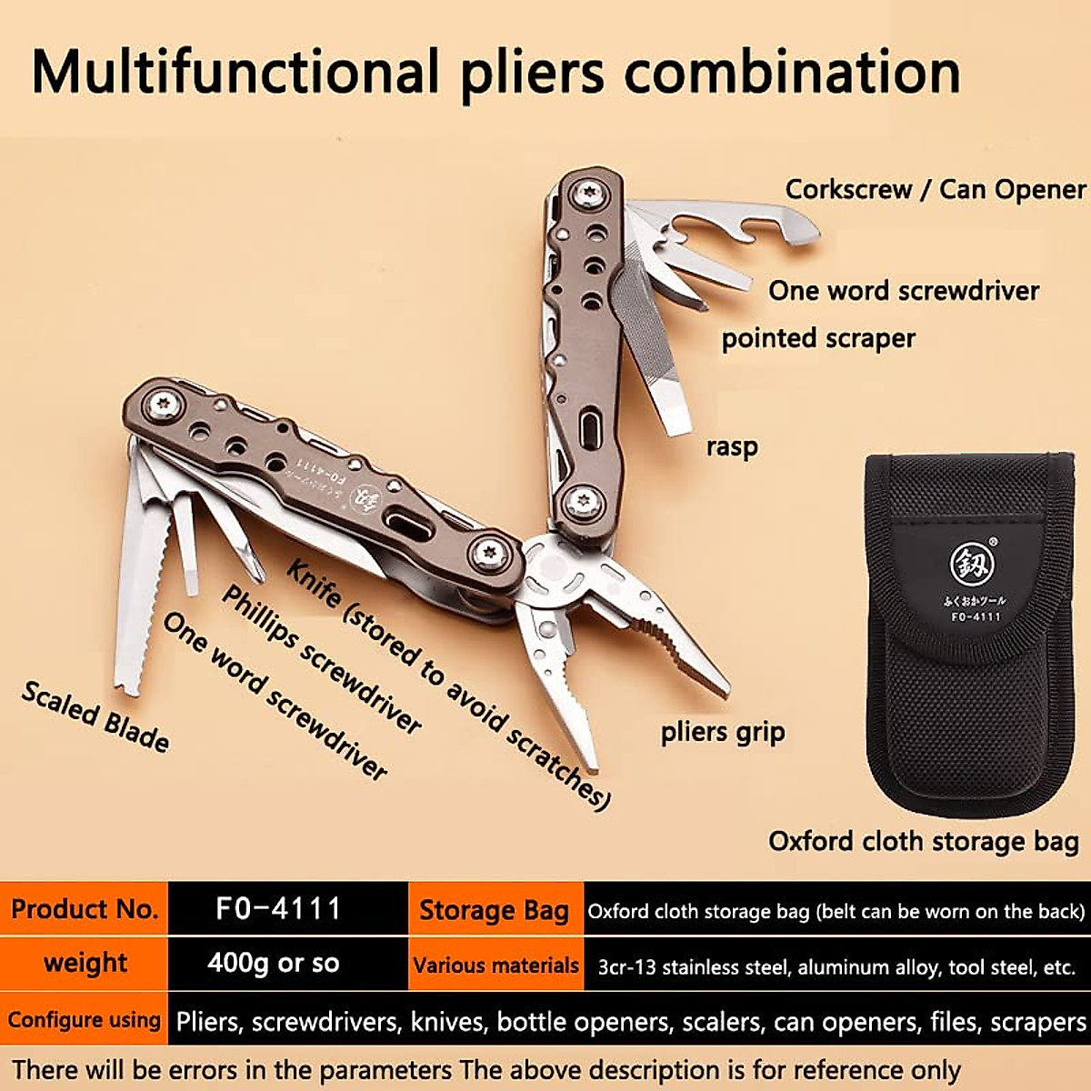Aolacow Multi-Tool Knife Pliers Knife Saw Kit Survival Folding Multi-Tool with Screwdriver Bit Set Outdoor Fishing Camping Accessories Emergency Multifunction (14pcsFO-4111)