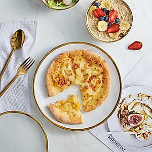 Pokini Matte White Porcelain Dinnerware Sets 12 Piece Service for 4, Dishes, Round Plates, Bowls, Golden Rim Dish Set for Home Decor