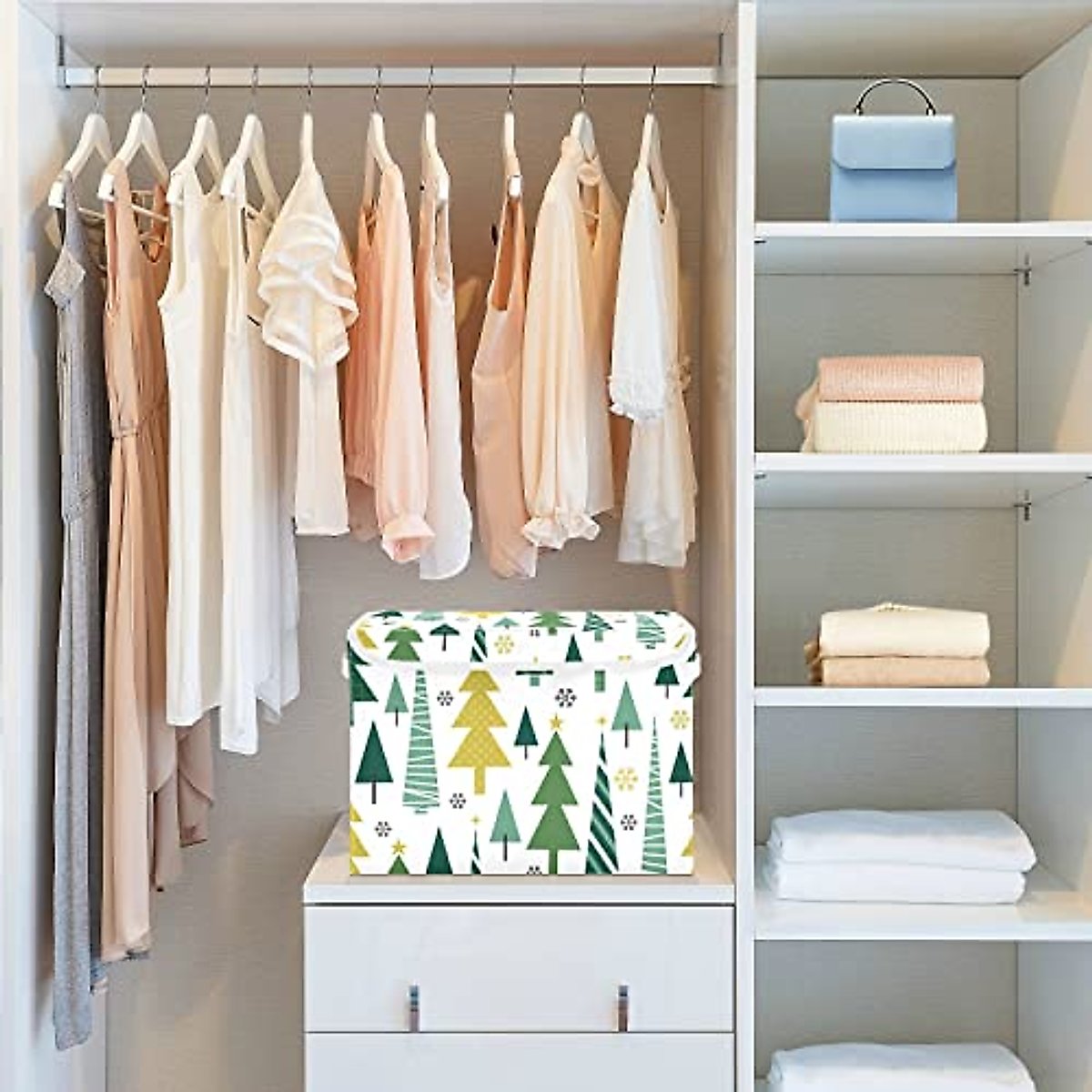 CaTaKu Christmas Tree Geen Storage Bins with Lids and Handles, Fabric Large Storage Container Cube Basket with Lid Decorative Storage Boxes for Organizing Clothes