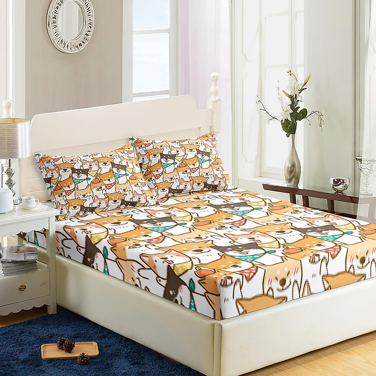 AILONEN Puppy Fitted Sheet Set Full Size, Cute Shiba Inu Dog Bed Sheet Set,Welsh Corgi Dog Puppy Sheets Set,Boys Girls Cartoon Pet Animals Bed Sheets Set 3 Pieces, 1 Fitted Sheet and 2 Pillowcases