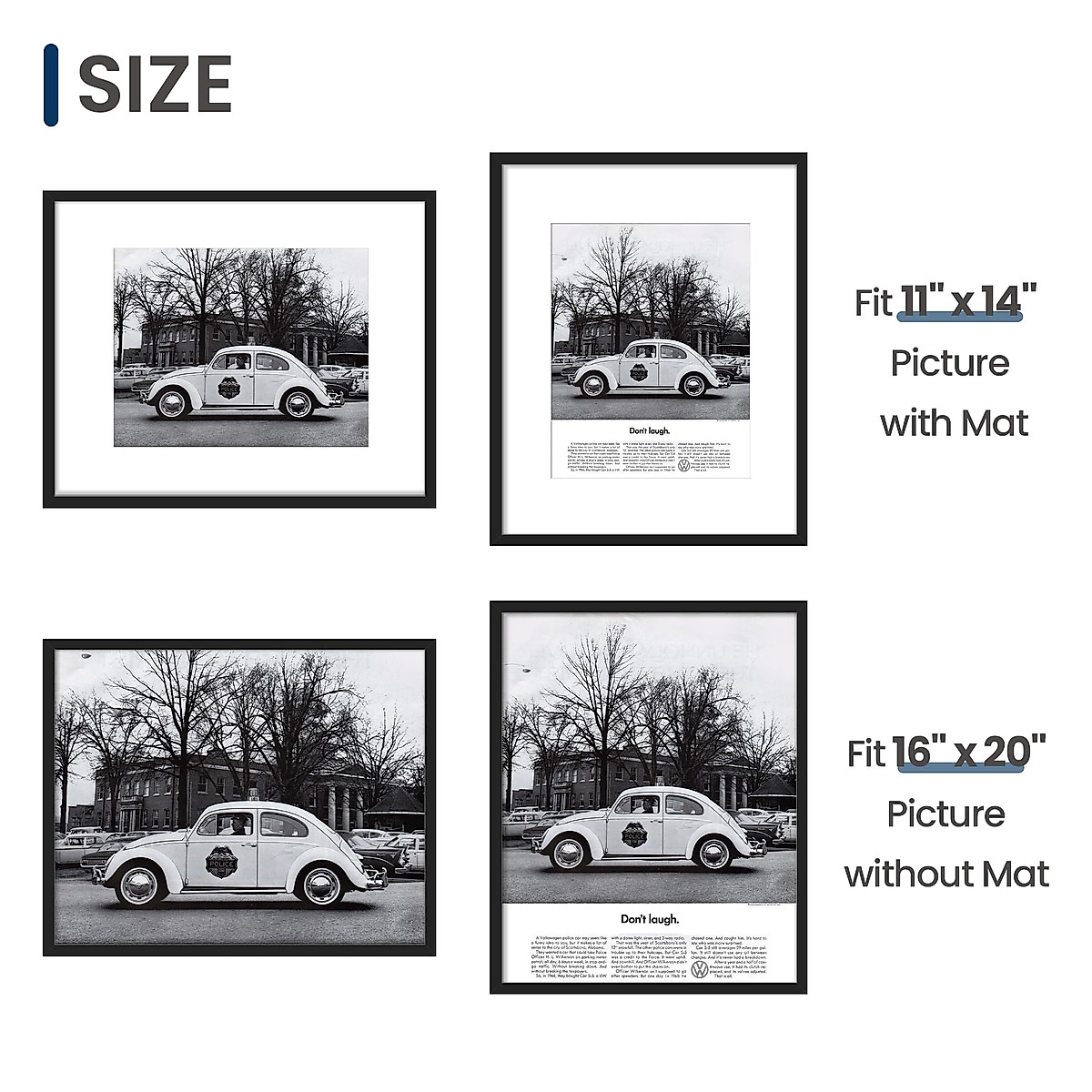 ENJOYBASICS 16x20 Picture Frame, Display Poster 11x14 with Mat or 16 x 20 Without, Wall Gallery Photo Frames, Black, 2 Pack