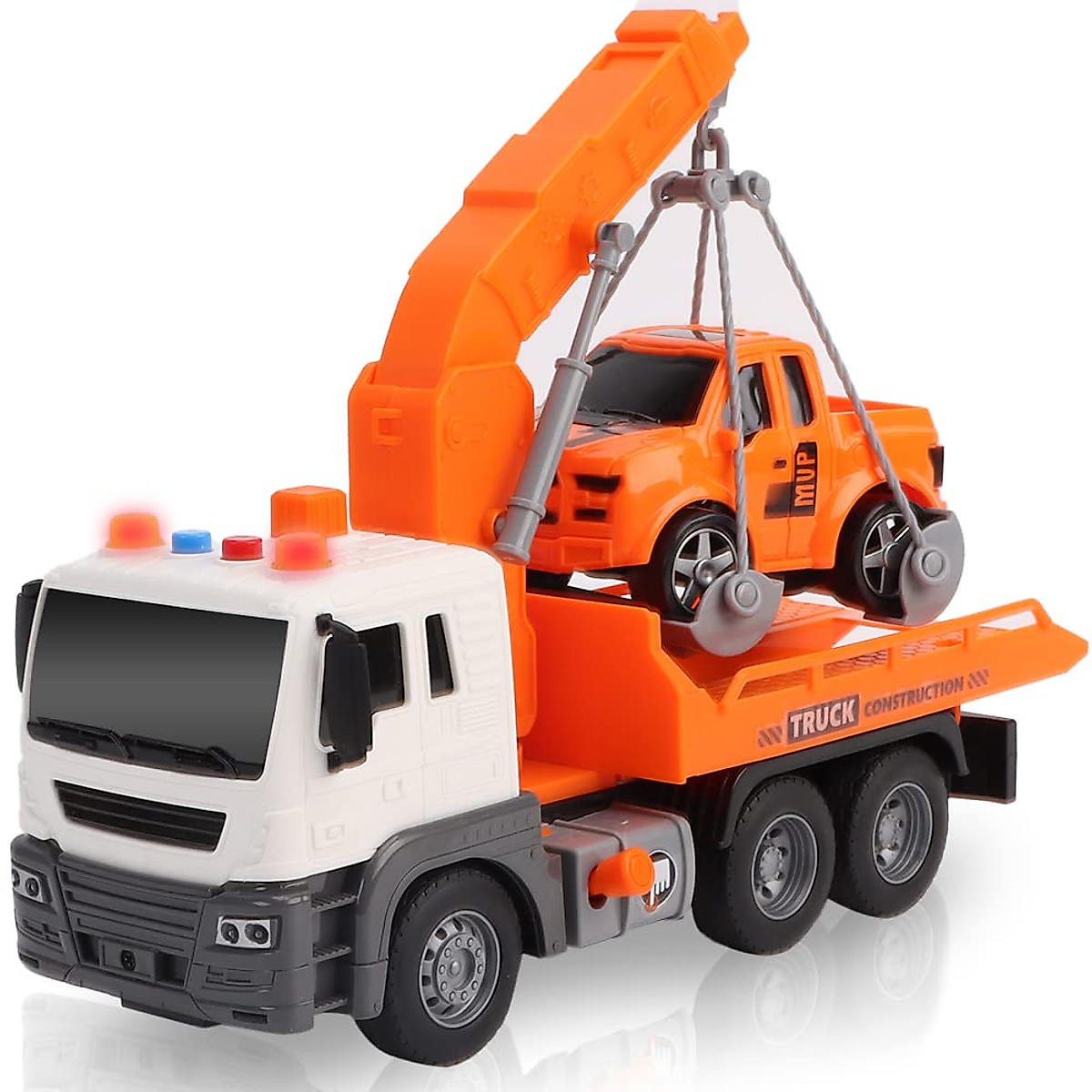 ArtCreativity Light Up Tow Truck Toy, Scale Model Tow Truck with Movable Flat Bed, Lights, Sound, and Small Car Toy for Kids, Interactive Tow Truck Toys for Boys and Girls, for Ages 3 and Up