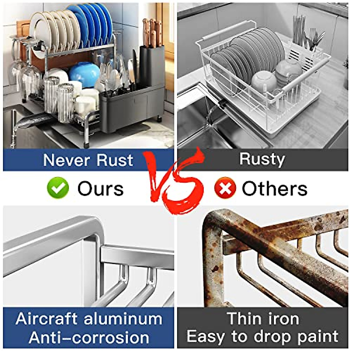 Dish Drying Rack, Aluminum 2-tier Multifunctional 7-in-1 Dish Racks for Kitchen Counter with Drainboard, Rustproof Detachable Large Capacity Dish Drainer with Wine Glass Holder, Utensil&knife Holder