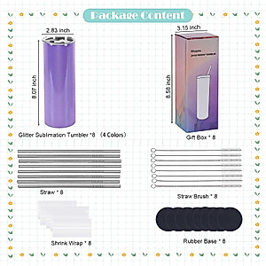 Wzaytia Glitter Sublimation Tumblers 20 Oz Skinny Straight, 8 Pack Sublimation Glitter Shimmer Tumbler Blanks, Individually Boxed Stainless Steel Glitter Tumblers, Mixed Color