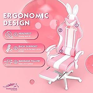 Ferghana Pink Ergonomic Gaming Desk Chairs For Office Adults & Teens, Cute Racing PC Gamer Chair With Footrest, Massage, For Girls, Recliner Silla Gamer Rosa
