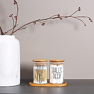 MOMEEMO Funny Qtip Holder and Cotton Ball Holder Set for Bathroom Organization. Apothecary Jars with Bamboo Tray are Great for Farmhouse Bathroom Decor, Rustic Bathroom Decor. (Glass&Tray)