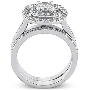1 1/2ct Double Cushion Halo Real Diamond Engagement Wedding Ring Set White Gold - Size 8.5