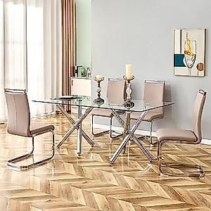 Baysitone Modern Dining Chairs Set of 4, Side & Kitchen Chairs with Silver Frame, Faux Leather Padded Seat High Back, for Dining, Kitchen & Living Room, Champagne