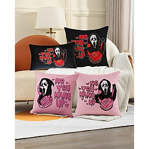 PreLiving 18x18 Inch Pink Throw Pillow Cover - 'No You Hang Up' Funny Horror Ghost Design, Romantic Halloween Day Decor, Soft Pillowcase for Sofa, Bedroom, Car, Birthday Party Supplies