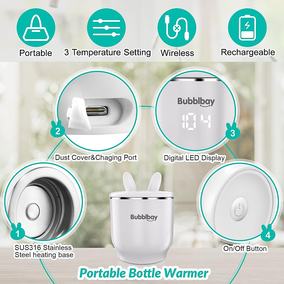 Bubblbay Portable Bottle Warmer,104° Digital Thermostat Baby Bottle Warmer with Upgraded 5 Adapters Leak-Proof Design,Wireless LED Display Travel Bottle Warmer for Breastmilk or Formula