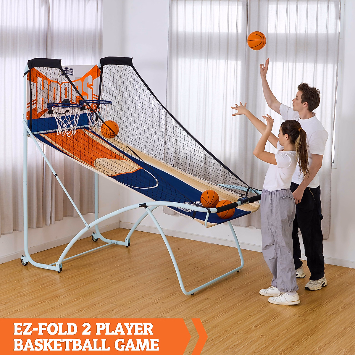 Hall of Games EZ Fold Indoor Basketball Game for 2 Players with LED Scoring and Arcade Sounds (6-Piece Set), Black