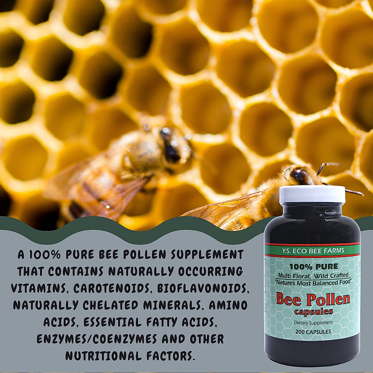 Y.S. Eco Bee Farms 100% Pure, Wild Crafted Bee Pollen Capsules - Organic Bee Pollen Vitamin Supplements Amino Acids, Organic Protein, Vitamin C, Vitamin B12 Gluten Free - 200ct with Bonus Key Chain
