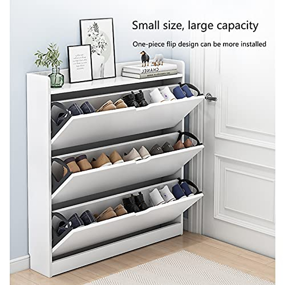 MYSNKU Shoe Cabinet Entryway White Narrow Shoe Storage Cabinet Flip Down Shoe Rack Wood 3 Tier Shoe Organizer Home and Apartment (White, 19.68x45.66)