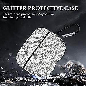 Newseego for AirPods Pro Case,Sparkly Rhinestone Luxurious AirPods Pro Cover Gift Kit Keychain+Anti-Lost Strap+Ear Hooks+Watch Band Holder Glitter PC Shockproof AirPod Pro Protective Cases-Silver