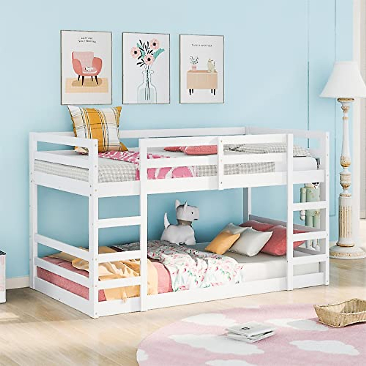 Harper & Bright Designs Twin Over Twin Bunk Bed for Kids, Low Bunk Bed with Ladder and Safety Guard Rails, Solid Wood Bunk Bed Frame. No Box Spring Needed (White)