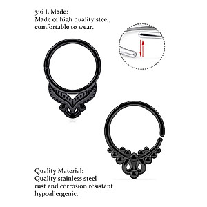 8Pcs 20G Nose Rings Hoop Chain Piercing Surgical Steel Fake Faux Nose Septum Ring Jewelry for Women Crystal Leaf Butterfly Rook Helix Cartilage Daith Piercing Jewelry,Black Nose Clip 8mm Cuffs