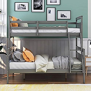 Ochangqi Twin Over Full Bunk Bed Frame with Ladder, Solid Wood Bunk Beds Loft Bed Frame Twin Over Full Size with Guardrail, Can Be Separated Into Twin/Full Size Bed, No Box Spring Needed (Gray)