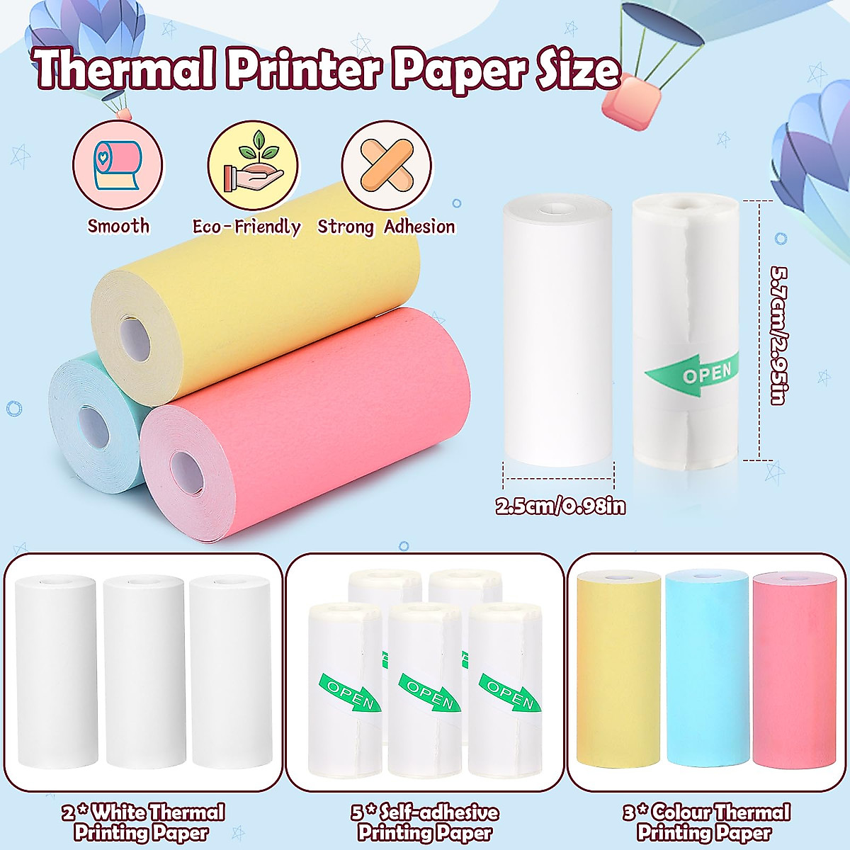 HUIJUTCHEN 10 Rolls Thermal Mini Printer Paper for Inkless Mini Printer, 5 Rolls Thermal Sticky Paper & 5 Rolls Thermal Plain Paper, 57X25mm, for Notes Journal Memo Photo Study