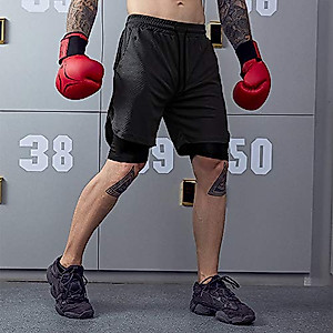 JWJ Men's 2 in 1 Workout Running Shorts 7 Inch Lightweight Athletic Gym Shorts with Compression Liner Black M