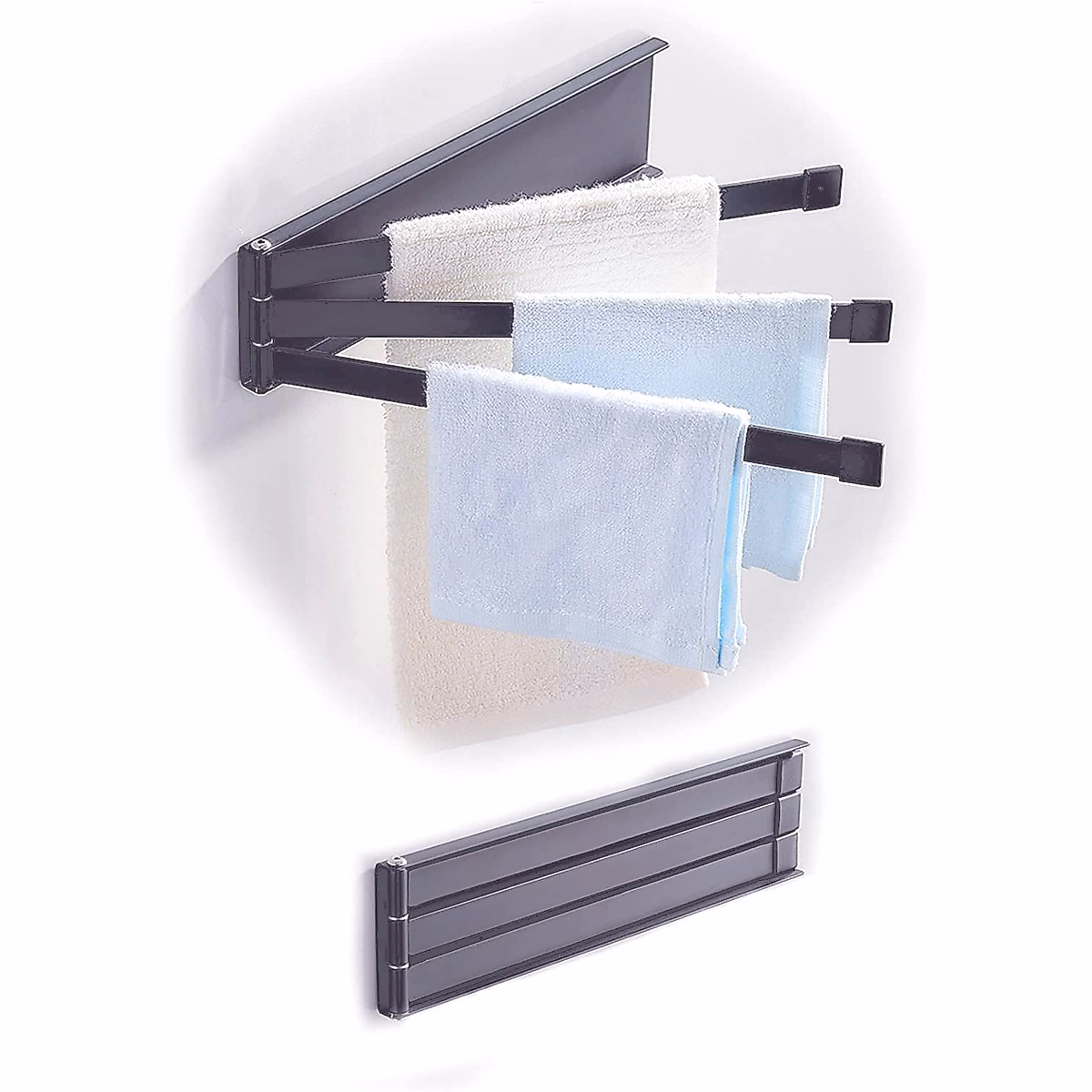 MAOERFUL 3 Swing Arms Towel Holder Wall Mount Towel Rack Dish Rag Dishcloths Washcloth Storage Organizer Hanger Swivel Hand Towel Bar for Sink Door Cabinet in Kitchen Bathroom (Dusty Grey)