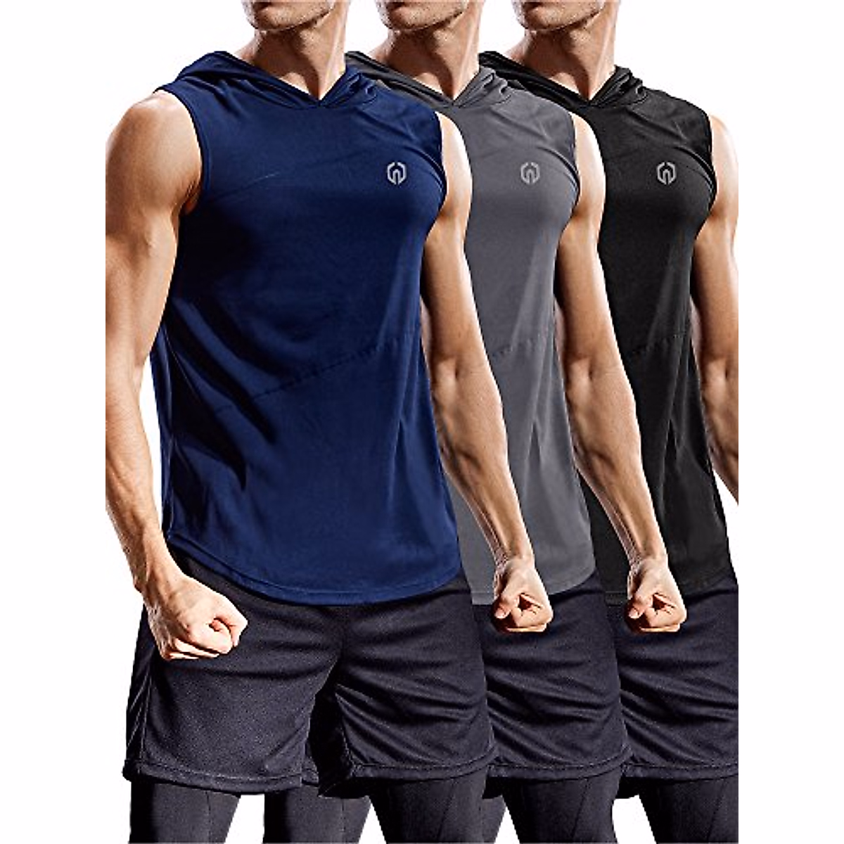 NELEUS 3 Pack Workout Athletic Gym Muscle Tank Top with Hoods,5036,Black,Grey,Navy Blue,US M,EU L