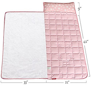 Moonsea Toddler Nap Mat Pink, Removable Pillow and Fleece Minky Blanket, Lightweight and Soft Perfect for Kids Preschool, Daycare, Travel Sleeping Bag for Girls, 21" x 50" Fit on a Standard Cot