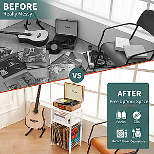 Yoobure Record Player Stand, 3-Tier White Side Table with Charging Station, Small End Table Nightstand with Vinyl Storage, Tall Beside Tables Turntable Stand for Album CD, Night Stand for Living Room