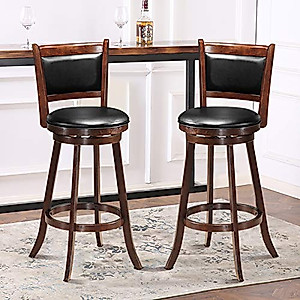 COSTWAY Bar Stools Set of 2, 360 Degree Swivel, Accent Wooden Swivel Seat Bar Height Stool, Leather Upholstered Design, PVC Cushioned Seat, Perfect for Dining and Living Room (Height 29")