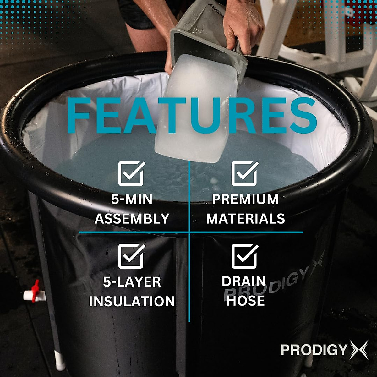 PRODIGYX Ice Bath Tub - Cold Plunge Tub for Athletes - Large Size, Portable, Outdoors - Lid & Thermometer