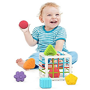 MINGKIDS Montessori Toys for 1 Year Old,Baby Sorter Toy Colorful Cube and 6 Pcs Multi Sensory Shape,Developmental Learning Toys for Girls Boys Easter Gifts,Baby Toys 6-12-18 Months