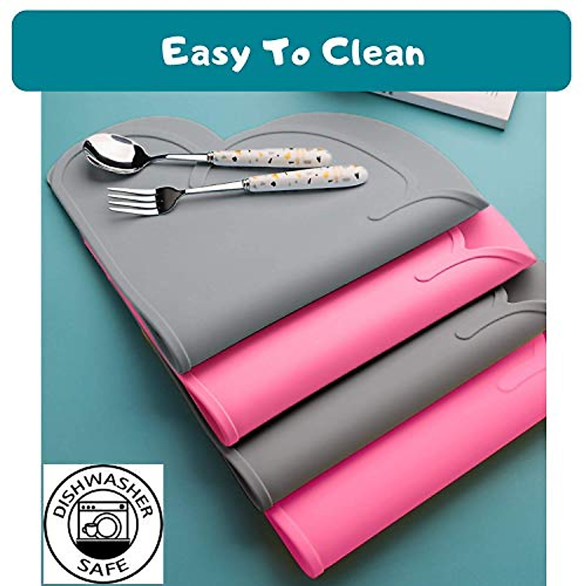 Silikong Non-Slip Silicone Placemats for Kids - BPA Free, Dishwasher Safe, Easy to Clean. 2 Pack (Pink/Gray)