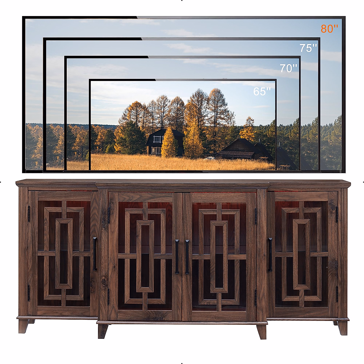 JXQTLINGMU Ultra Large 70 inch TV Stand for 80 Inch TV, LED Media Console with 3-Sides Hollow Out Glass Doors, Farmhouse Entertainment Center with Storage for Living Room, Bedroom, Brown