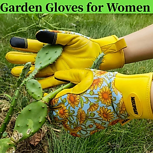 MSUPSAV Thorn Proof Gardening Gloves with Grip,Garden Gloves for Women,Cowhide Leather Work Gloves,Gardening Gifts for Women,Daisy,Large