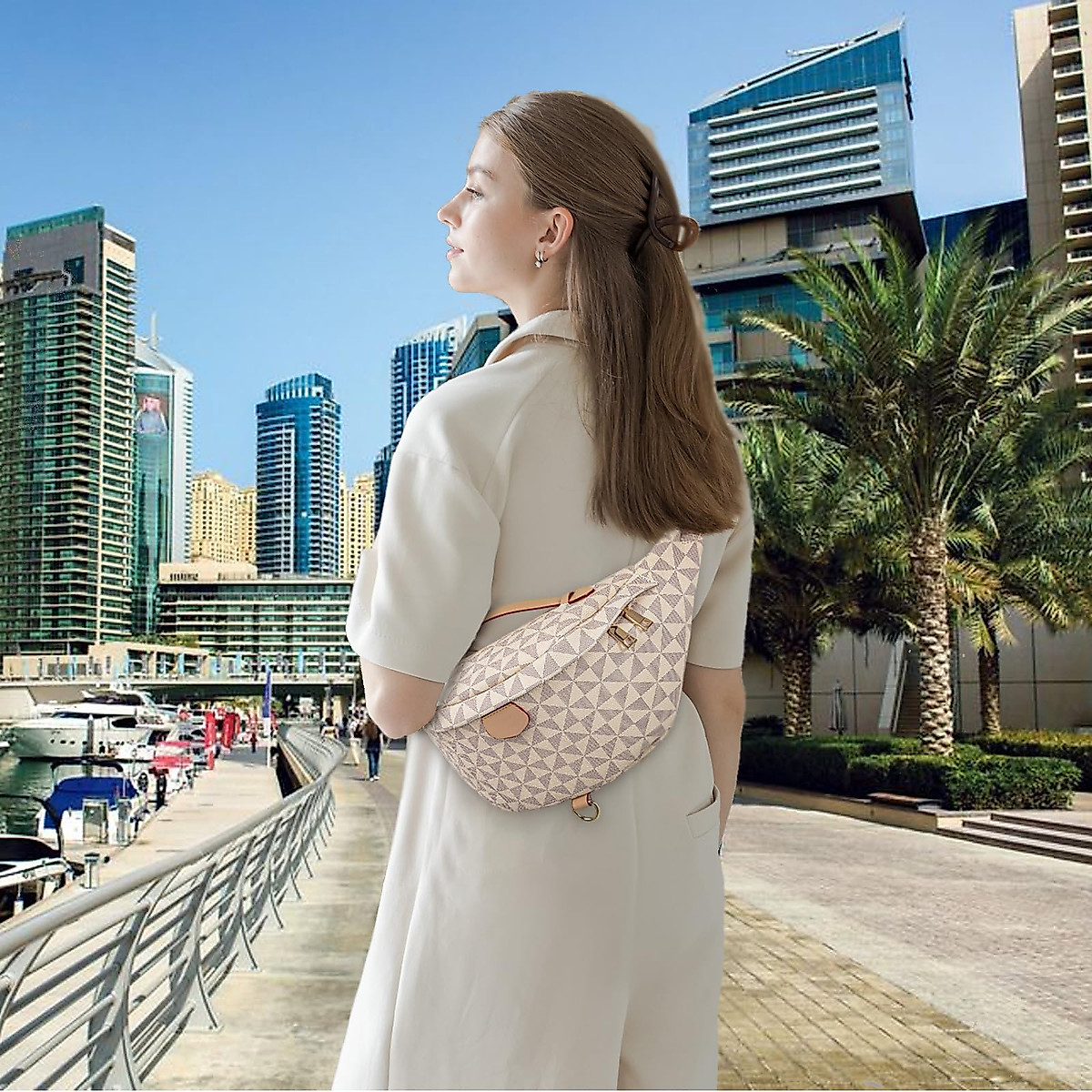 Sling Bag for Women Small Belt Chest Bum Bag Checkered waist Fanny Pack Crossbody for women Designer-Perfect for On-the-Go Style (White 1)