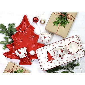 Euro Ceramica Winterfest 4 Piece Holiday Entertainment Serving Set | High Fire Earthenware Ceramic | Rectangular Platter & 3 Dipping Bowls | Hand-Stamped Holiday Design, Large, Multicolor