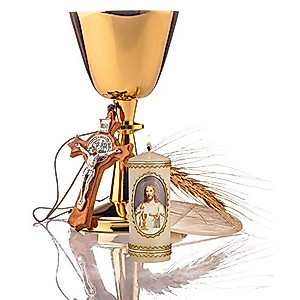 Bread of Life First Holy Communion Hand Decorated Candle, Catholic Keepsake Gifts for Girls and Boys, Gold Tone Accent Detailed Wax Candles Church Supplies 4.75 Inches
