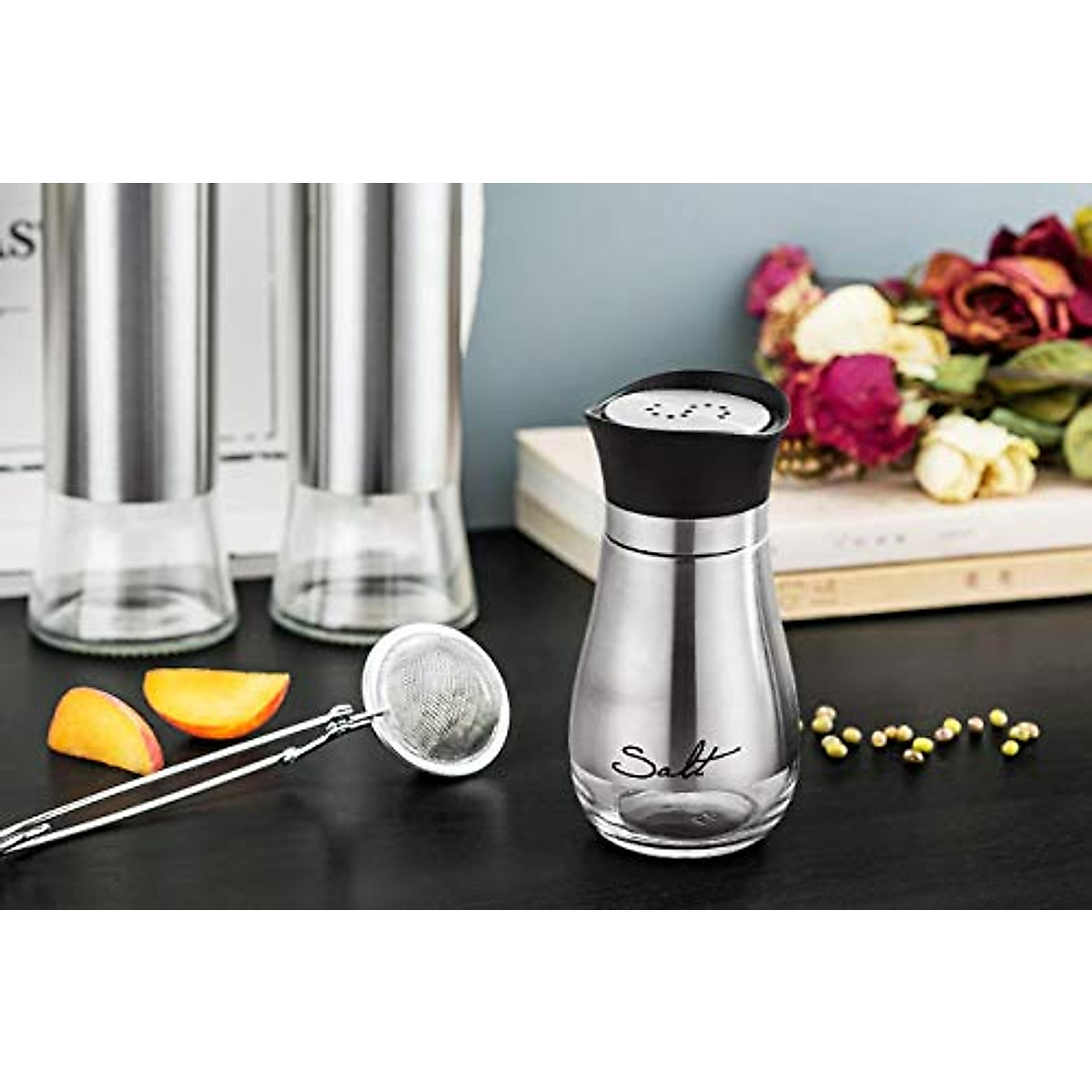 Salt and Pepper Shakers Set, Stainless Steel with Glass Bottle for Table, RV, Camp, BBQ, Set of 2