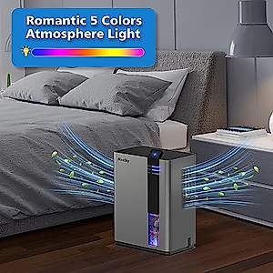 NineSky Dehumidifier for Home, 98 OZ Water Tank, (800 sq.ft) Dehumidifiers for Bathroom, Bedroom with Auto Shut Off, 5 Colors LED Light(H2 Gray)
