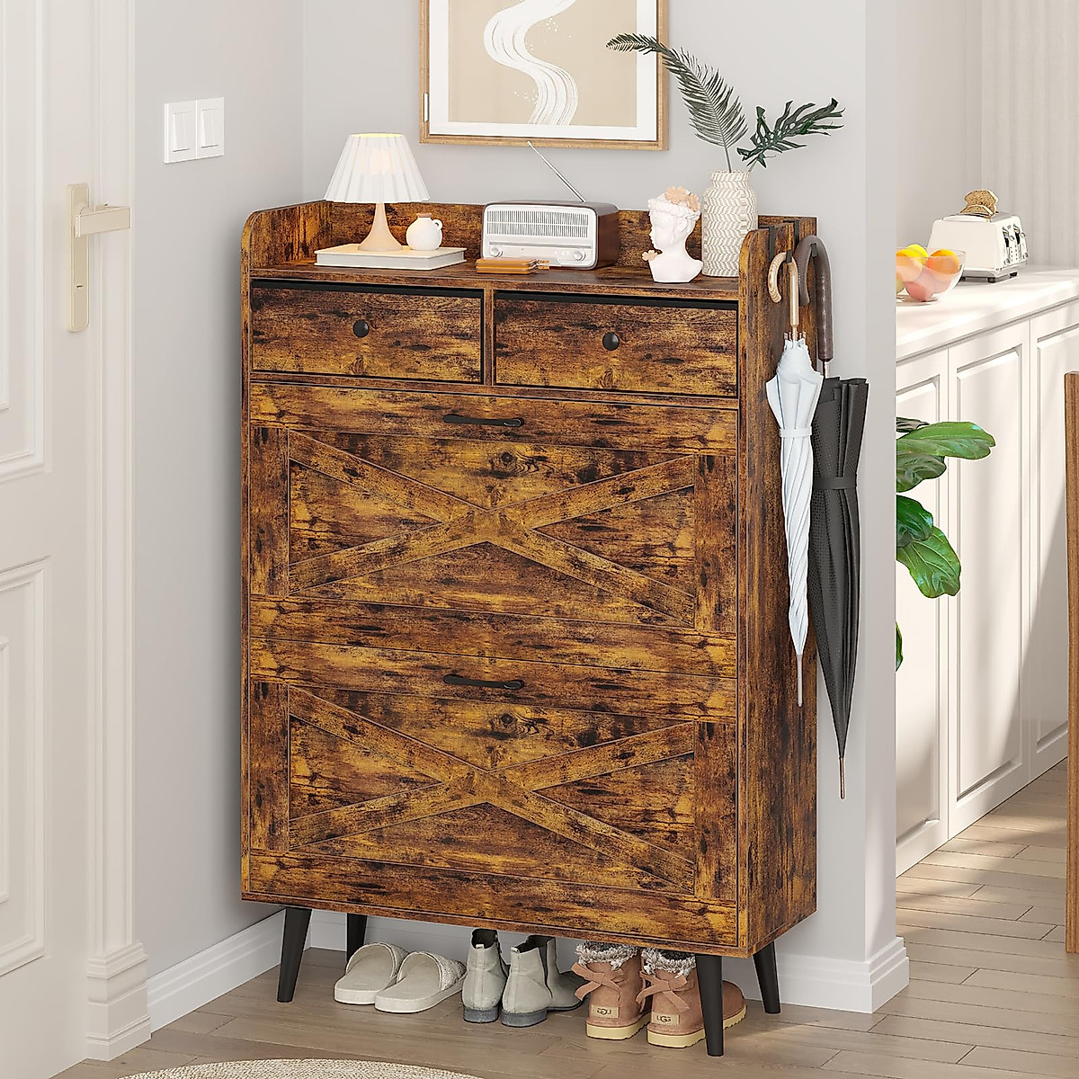 Shoe Cabinet Storage for Entryway, Narrow Shoe Organizer Cabinet with 2 Flip Drawers & 2 Fabric Drawers, Farmhouse Freestanding Big Shoe Storage Cabinet with Robust Legs, Rustic Brown