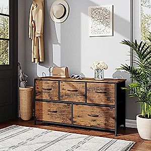 WLIVE 5 Drawer Dresser & C Side Table Set, Rustic Brown