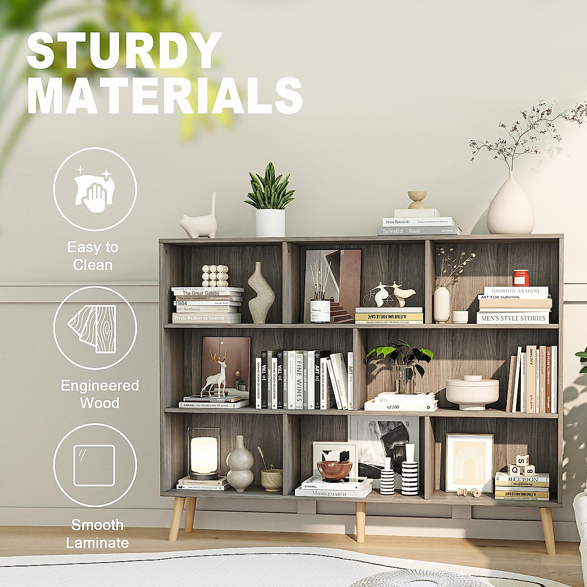 VICLLAX Wood 3 Tier Storage Shelf, 8 Cubes Free Standing Bookshelf with Legs, Display Bookcase for Living Room, Bedroom, Kids Room, Office, Grey