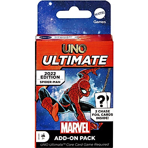 Mattel Games ​UNO Ultimate Marvel Card Game Add-On Pack with Spider-Man Character Deck & 2 Collectible Foil Cards, Gift for Collectors & Kids Ages 7 Years & Older