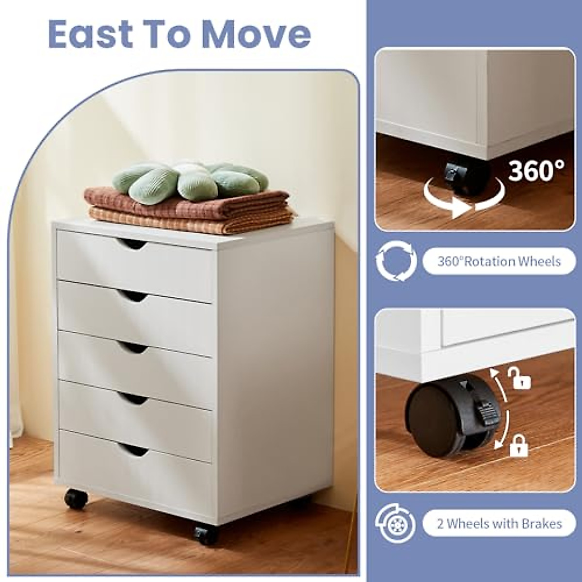 NEWBULIG 5 Drawer Storage Organizer, Wood File Cabinets with Wheels, Large Printer Stand for Home Office Study Dressing Room