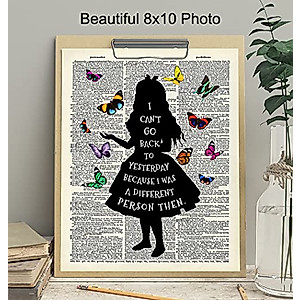 Alice Wonderland Quote Dictionary Art Print - Upcycled Home Decor, Wall Art Poster - Unique Room Decorations for Bedroom, Office, Girls or Kids Room - Great Gift - 8x10 Photo Unframed