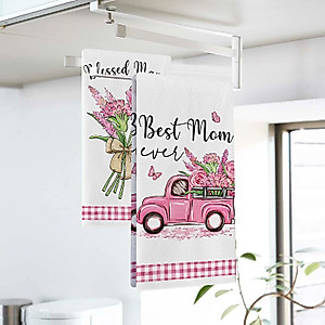 Seliem Mother's Day Truck Flower Kitchen Dish Towel Set of 2, Best Mom Ever Carnation Rose Bouquet Hand Towel Buffalo Plaid Drying Baking Cooking Cloth, Blessed Mama Holiday Kitchen Gift 18x26 Inches